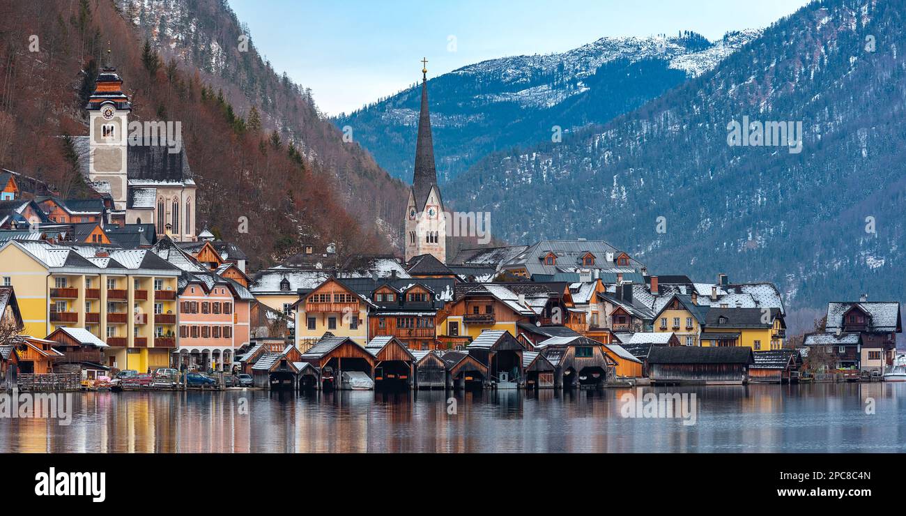 Famous Hallstatt mountain village in Austrian Alps viewed from the south, Austria Stock Photo ...