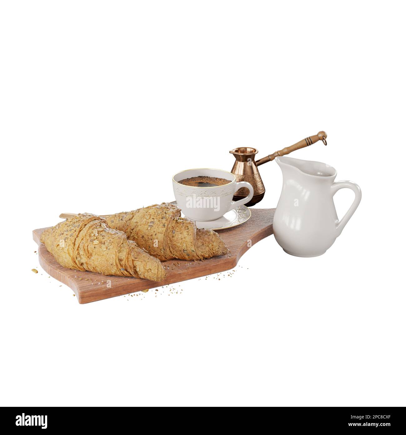 A white ceramic pitcher with a handle sits on a wooden cutting board ...
