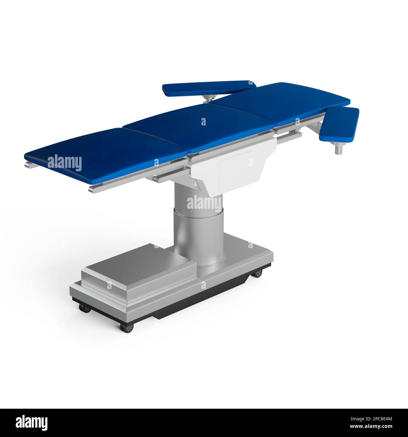 A metal wheeled table without a headrest is open in one section, ready ... A metal wheeled table without a headrest is open in one section, ready ...