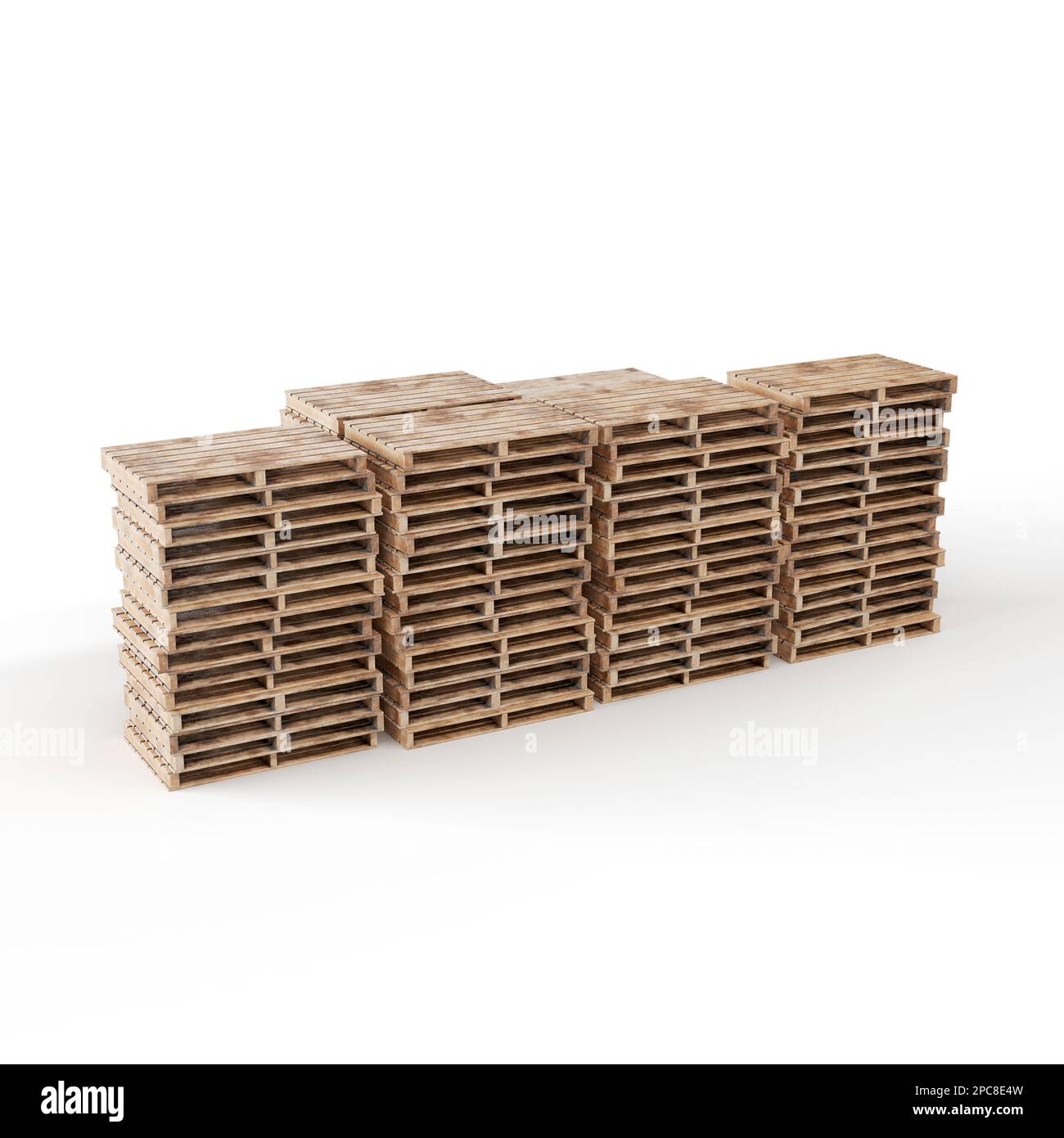 A stack of wooden pallets isolated against a plain white background ...