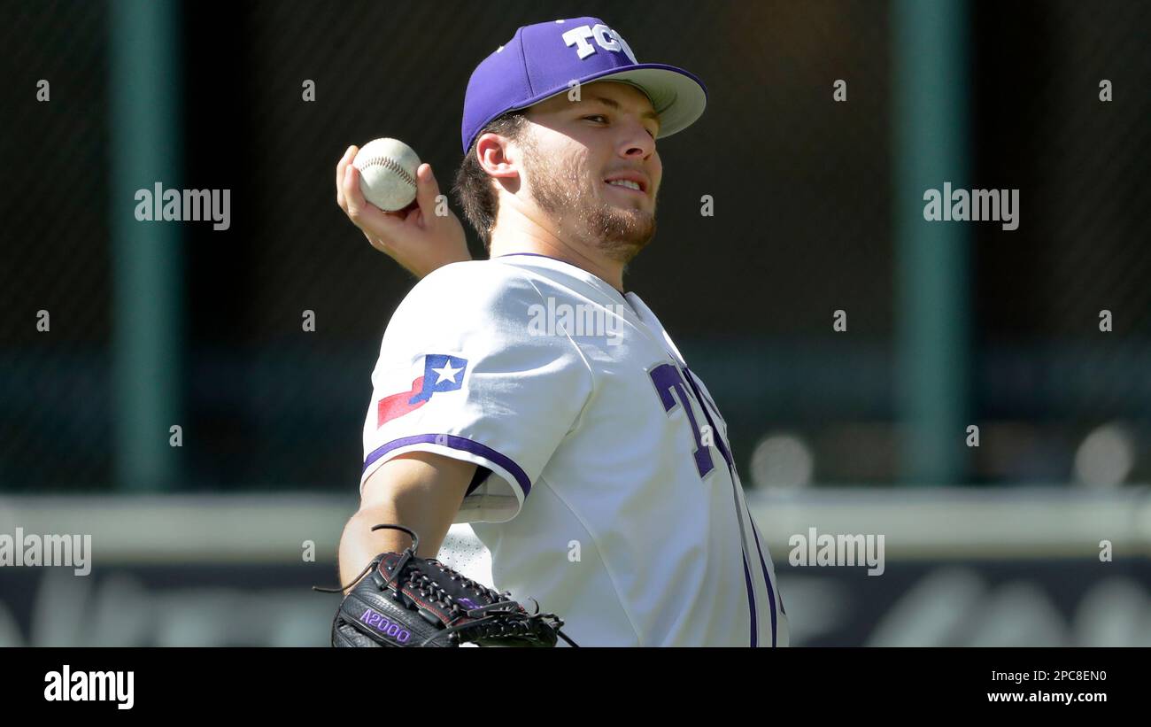 Texas Christian pitcher River Ridings during an NCAA baseball game ...