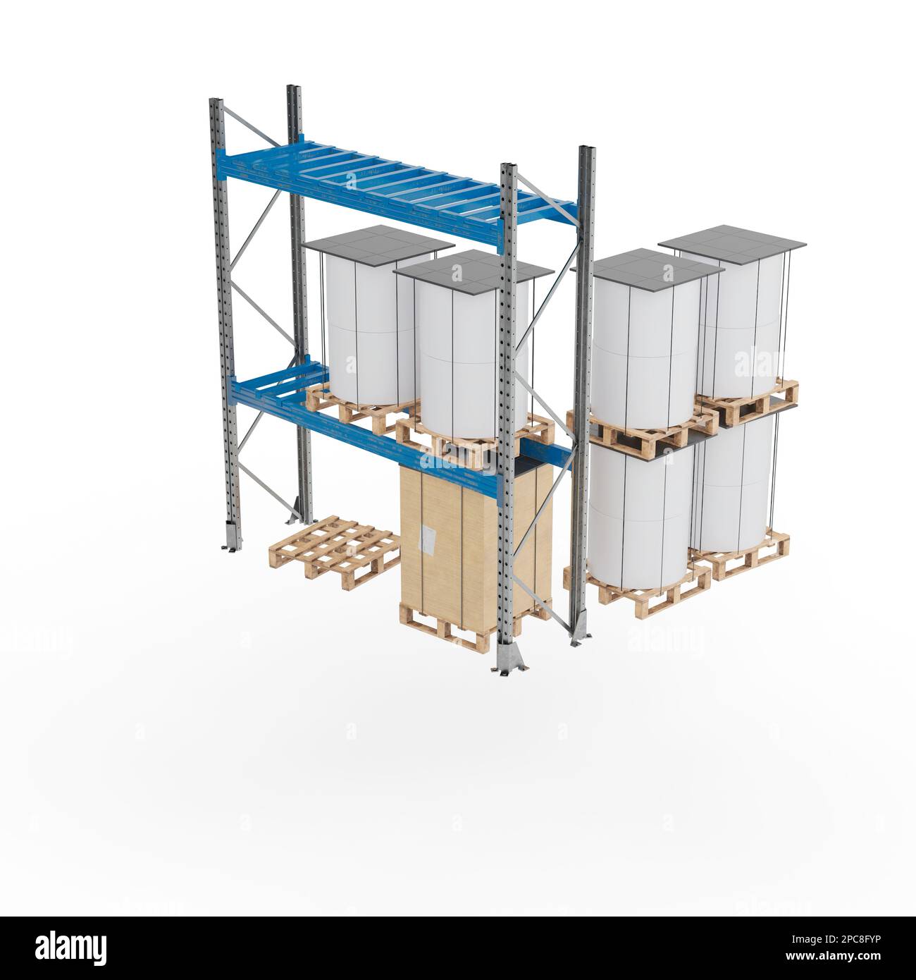 A metallic storage rack with four tiers and four pallets, providing ...