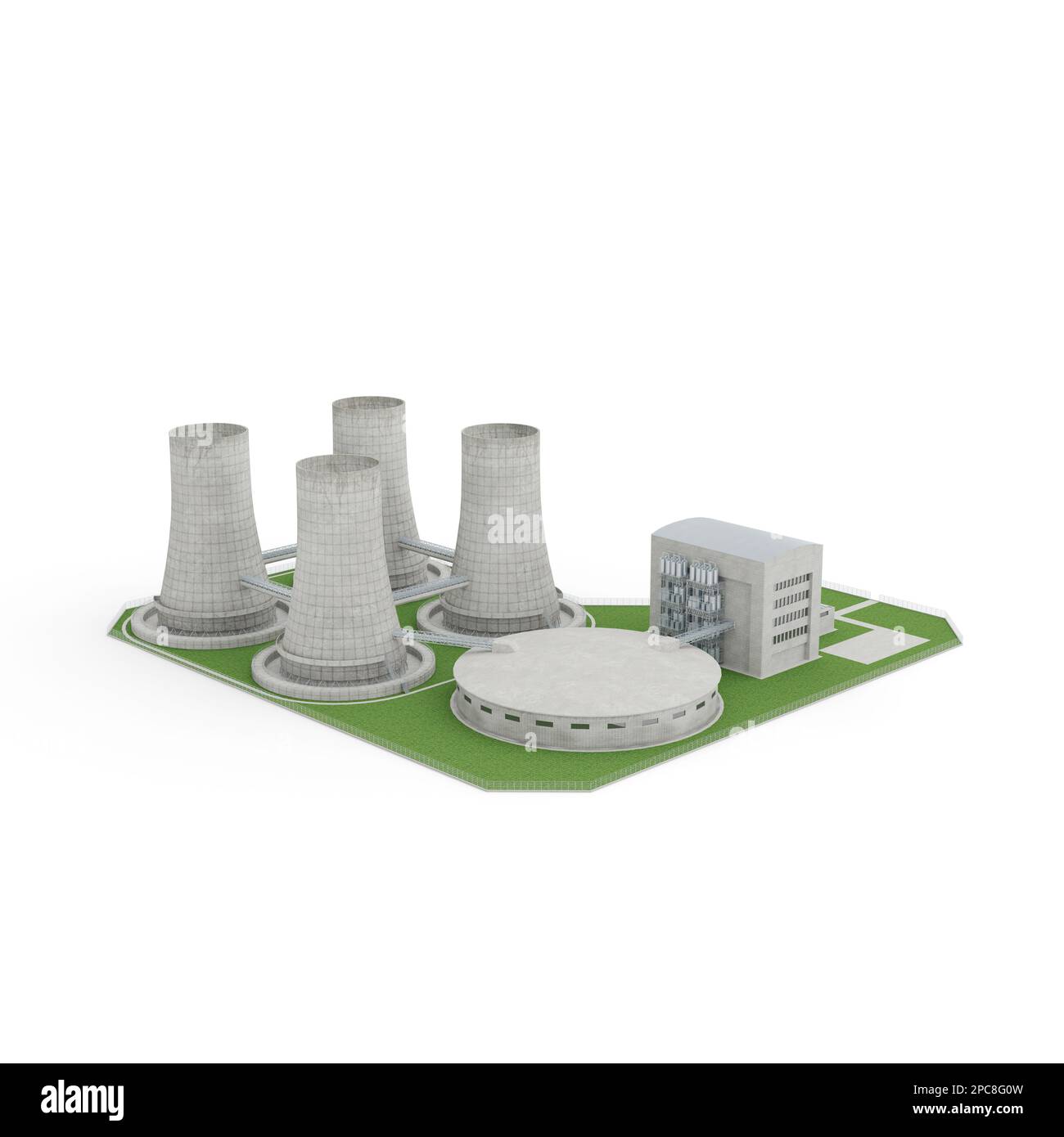 A high-angle shot of an industrial factory featuring three large ...