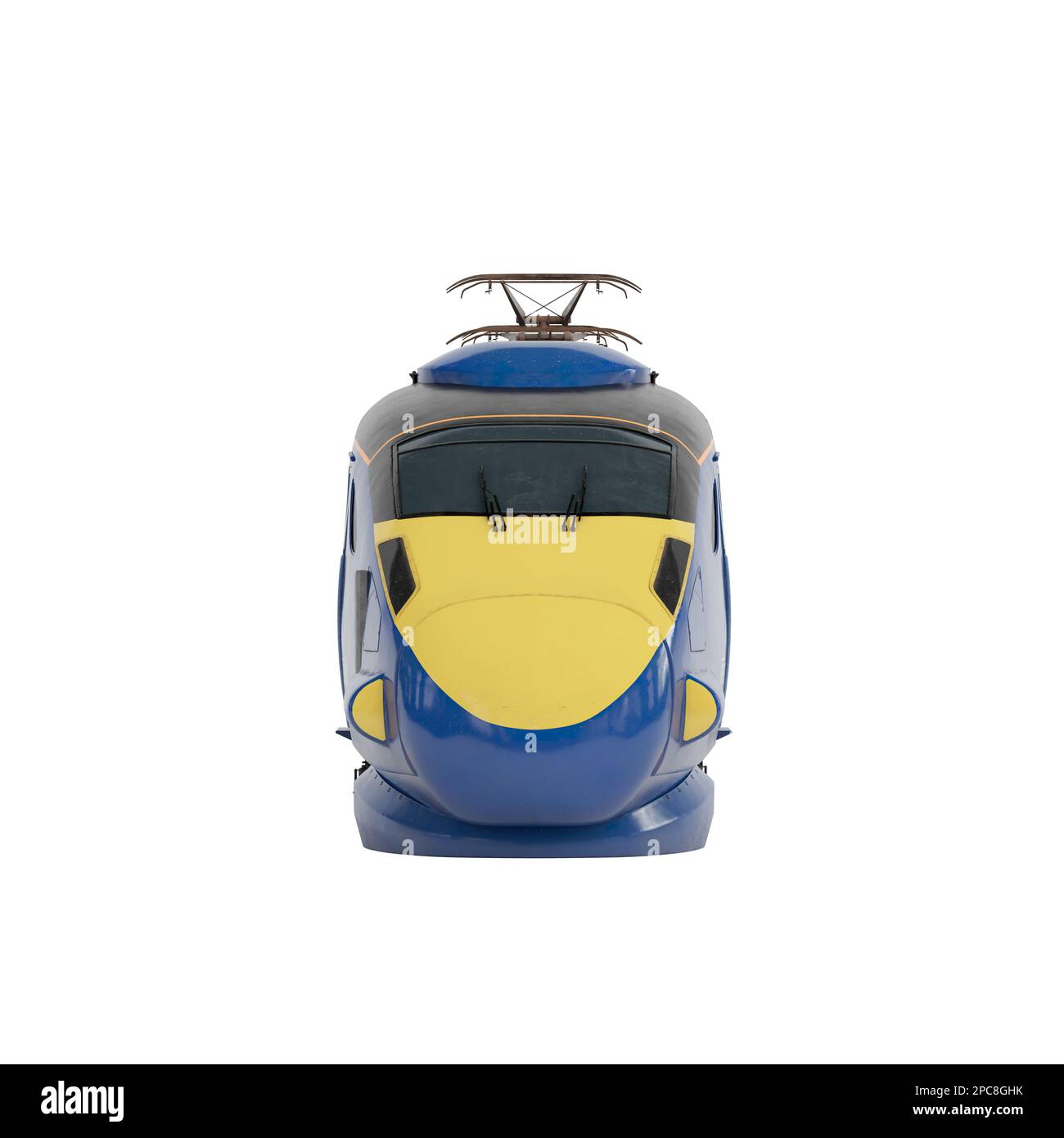 A vibrant yellow and blue train model isolated on a white background ...