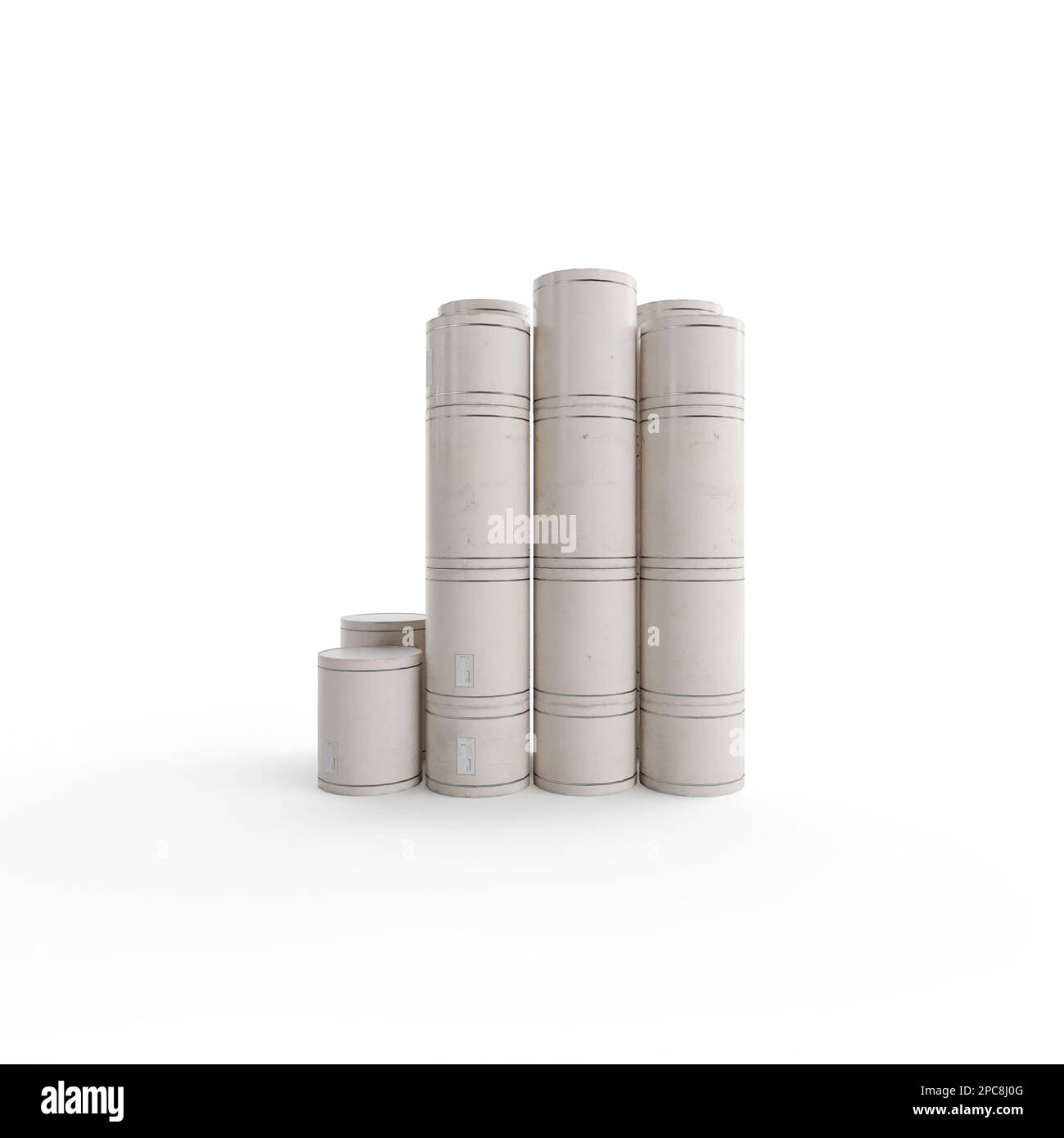 Six empty cylindrical cases arranged in a row on a clean, flat surface ...