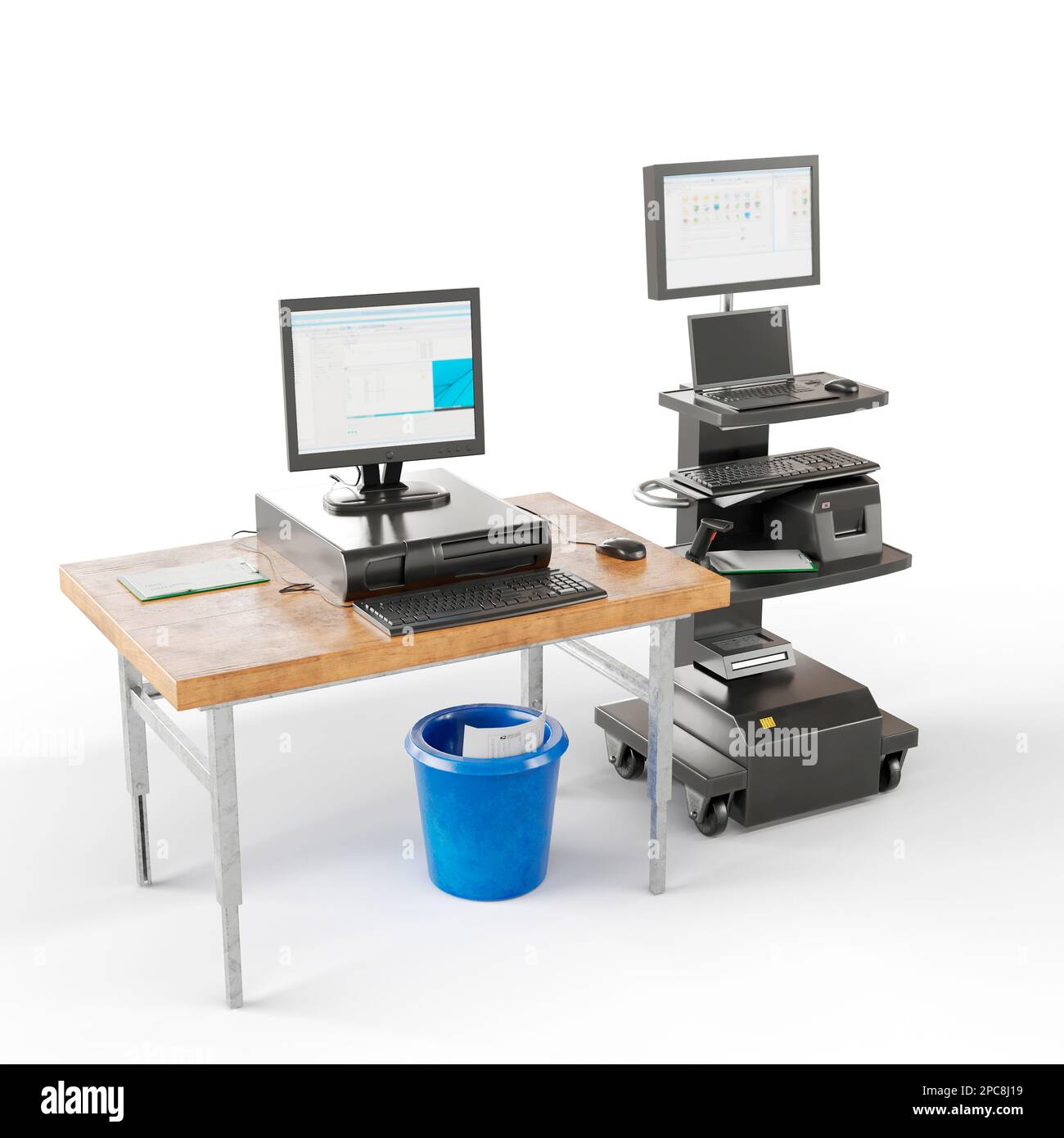 A modern workspace featuring two computers side by side on a desk Stock ...