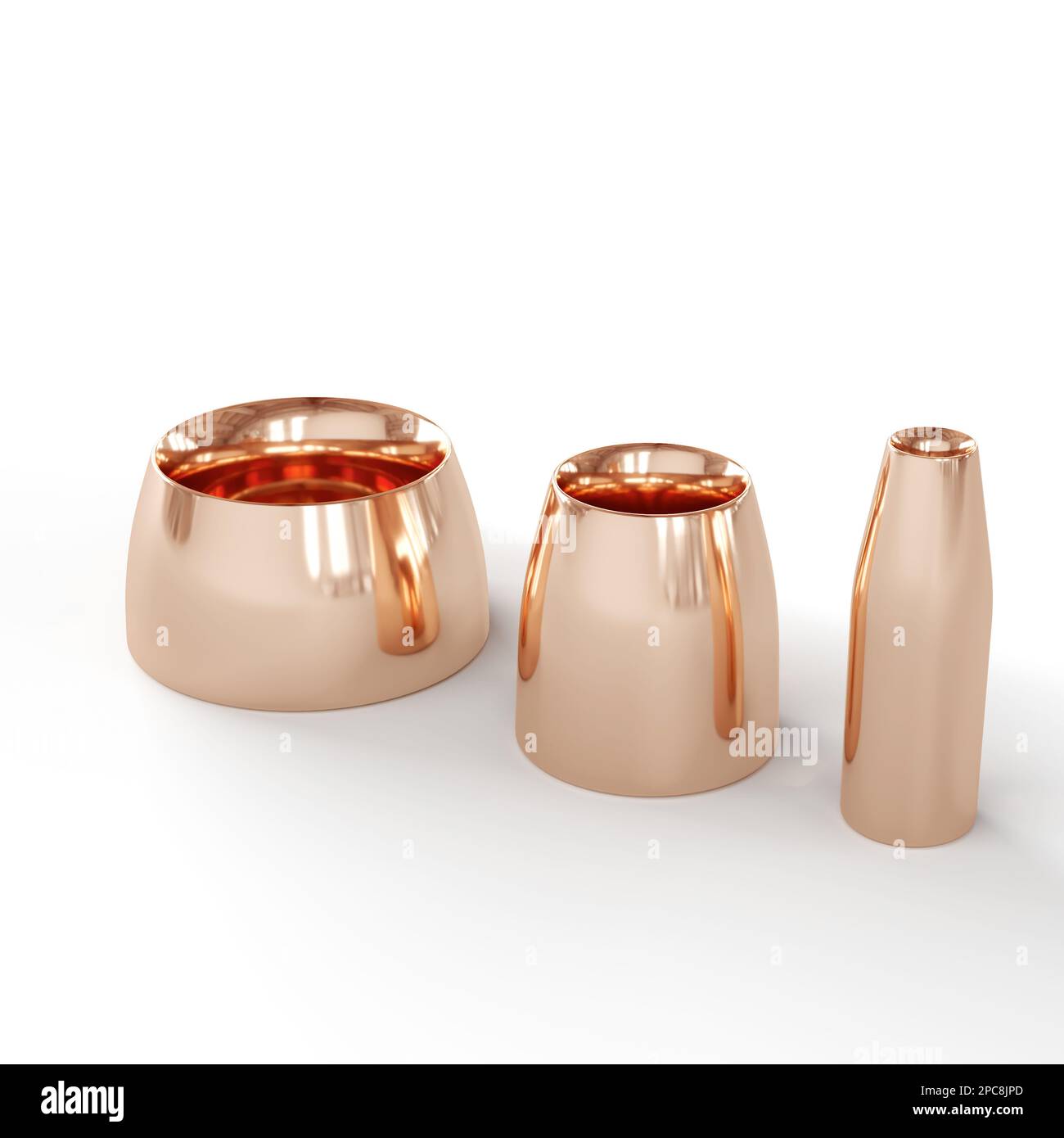 Two copper vases placed side by side on a pristine white background ...