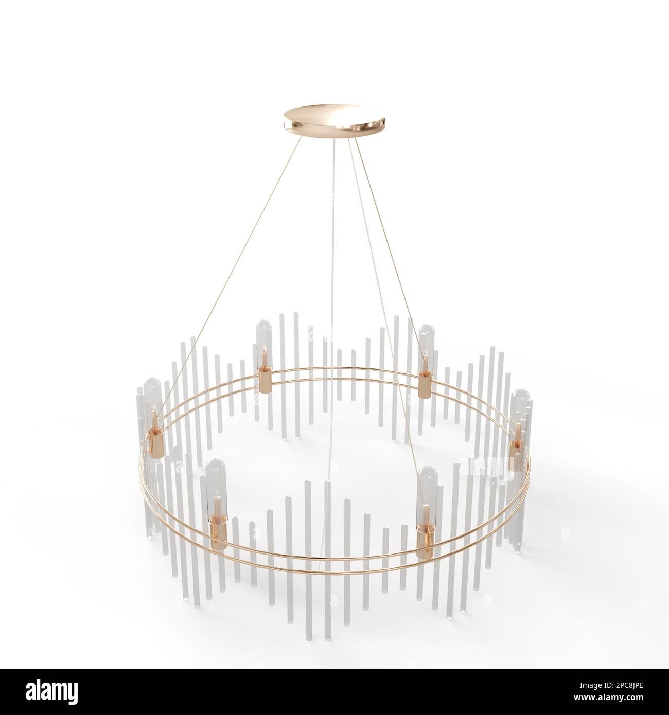 A modern circular light fixture hangs above a pristine white table ...