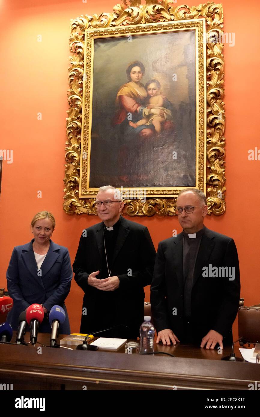 From left, Italian Premier Giorgia Meloni, Vatican Secretary of State ...