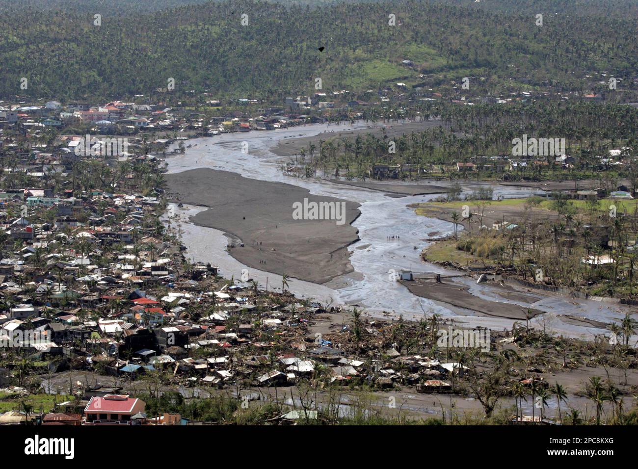 An aerial view shows the devastation brought about by typhoon-triggered ...