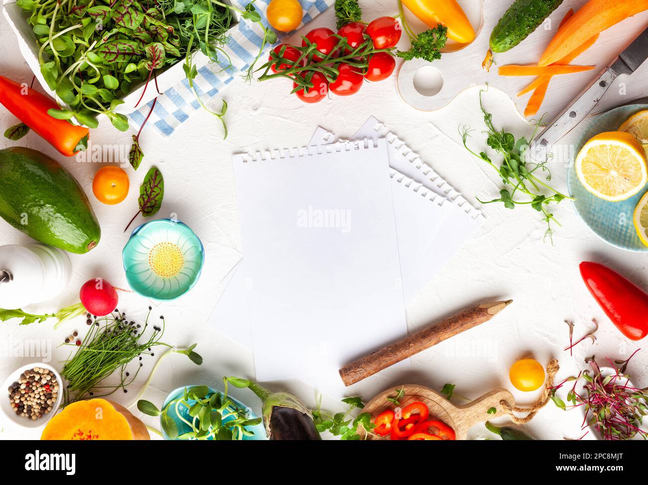 Fresh food ingredient for cooking healthy meals at home and lists paper ...