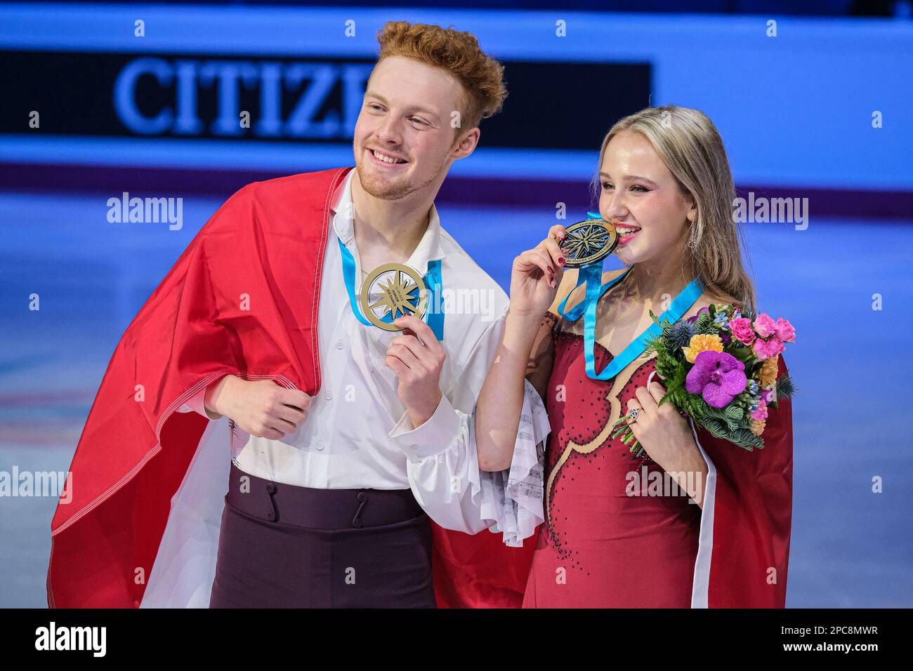Peter Beaumont and Nadiia Bashynska of Canada (Gold) pose with their medals in the Junior Pairs ...