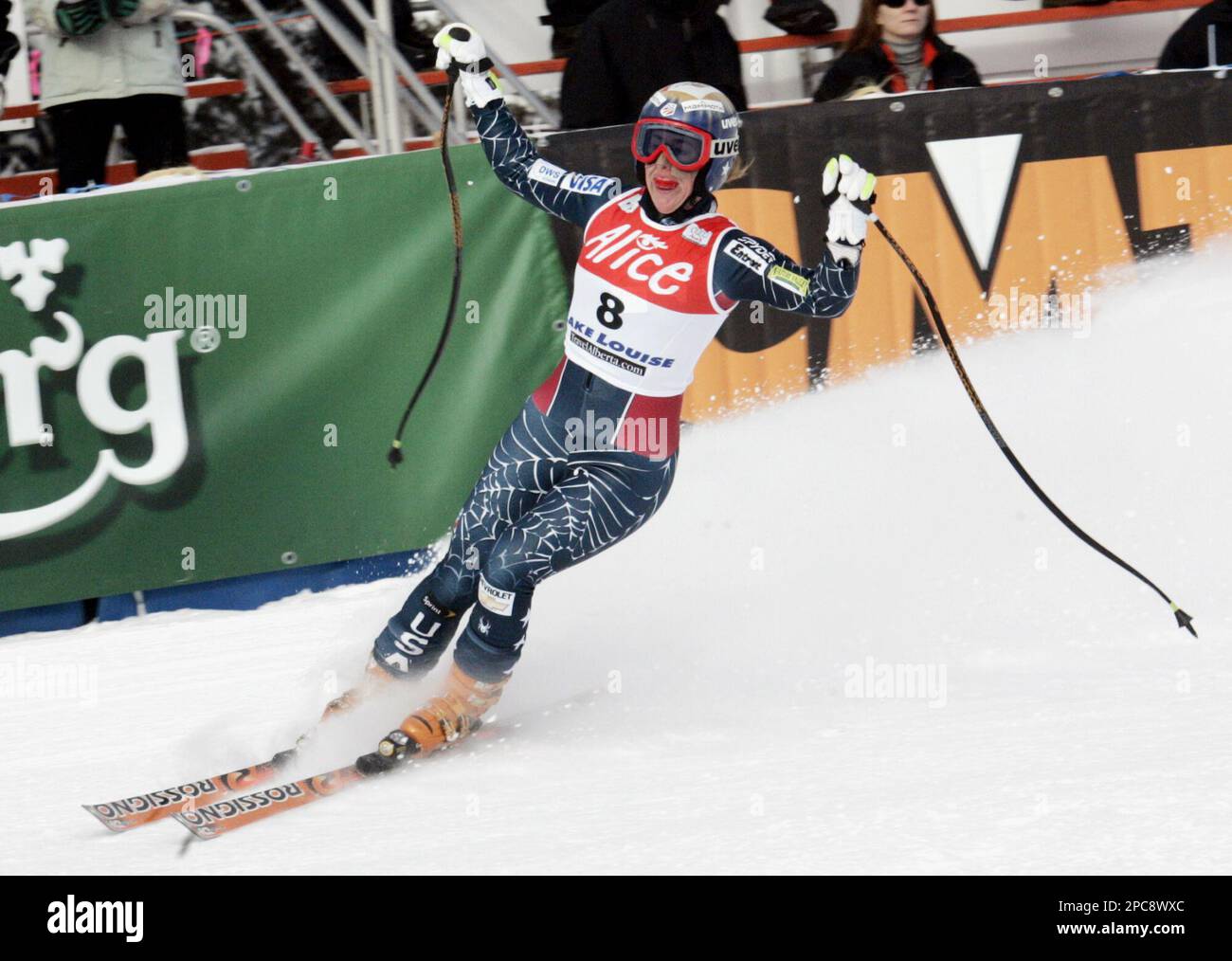 Stacey Cook of the United States, skis into the finish area of the ...