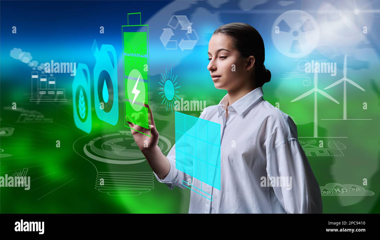 Young teenage female student choosing ecological renewable energy on ...