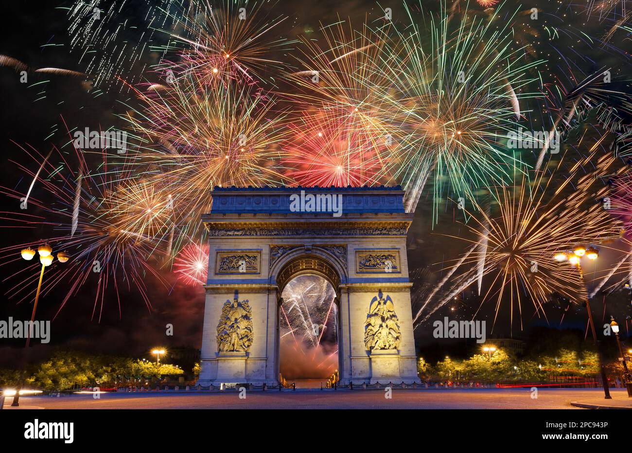 New Year fireworks display over the Triomphal Arch in Paris. France ...