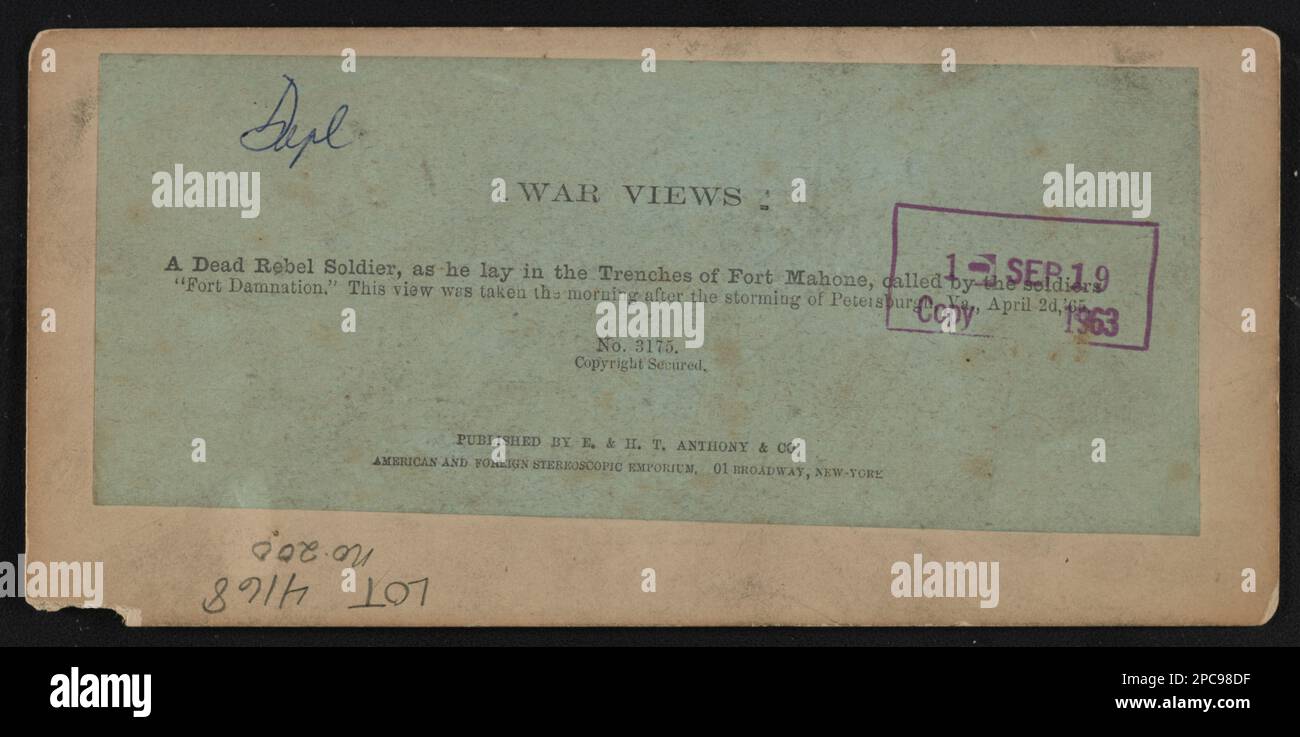 A dead rebel soldier, as he lay in the trenches of Fort Mahone, called ...