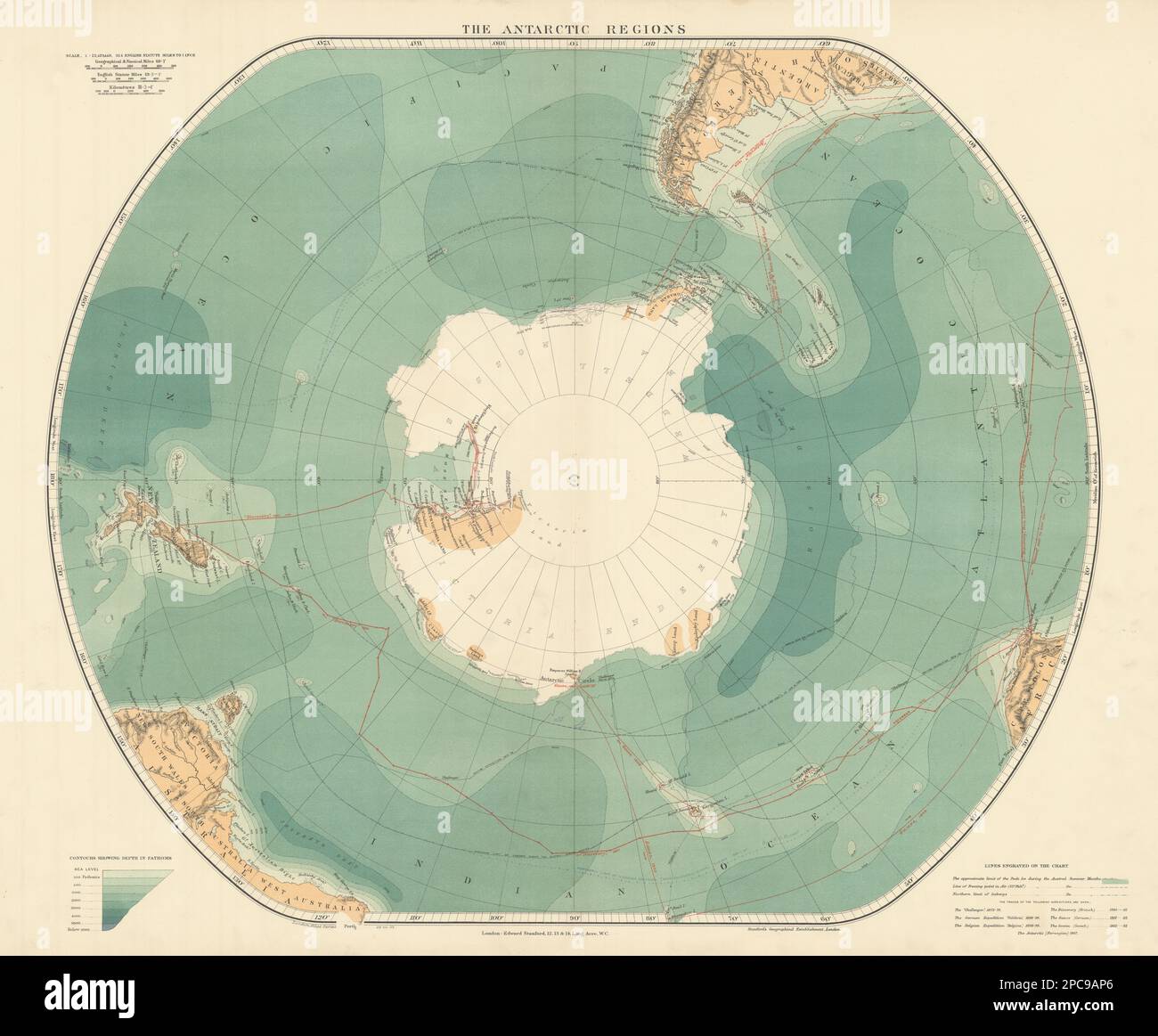 Antarctic Regions. South Pole. Discovery & Gauss routes. STANFORD 1904 ...