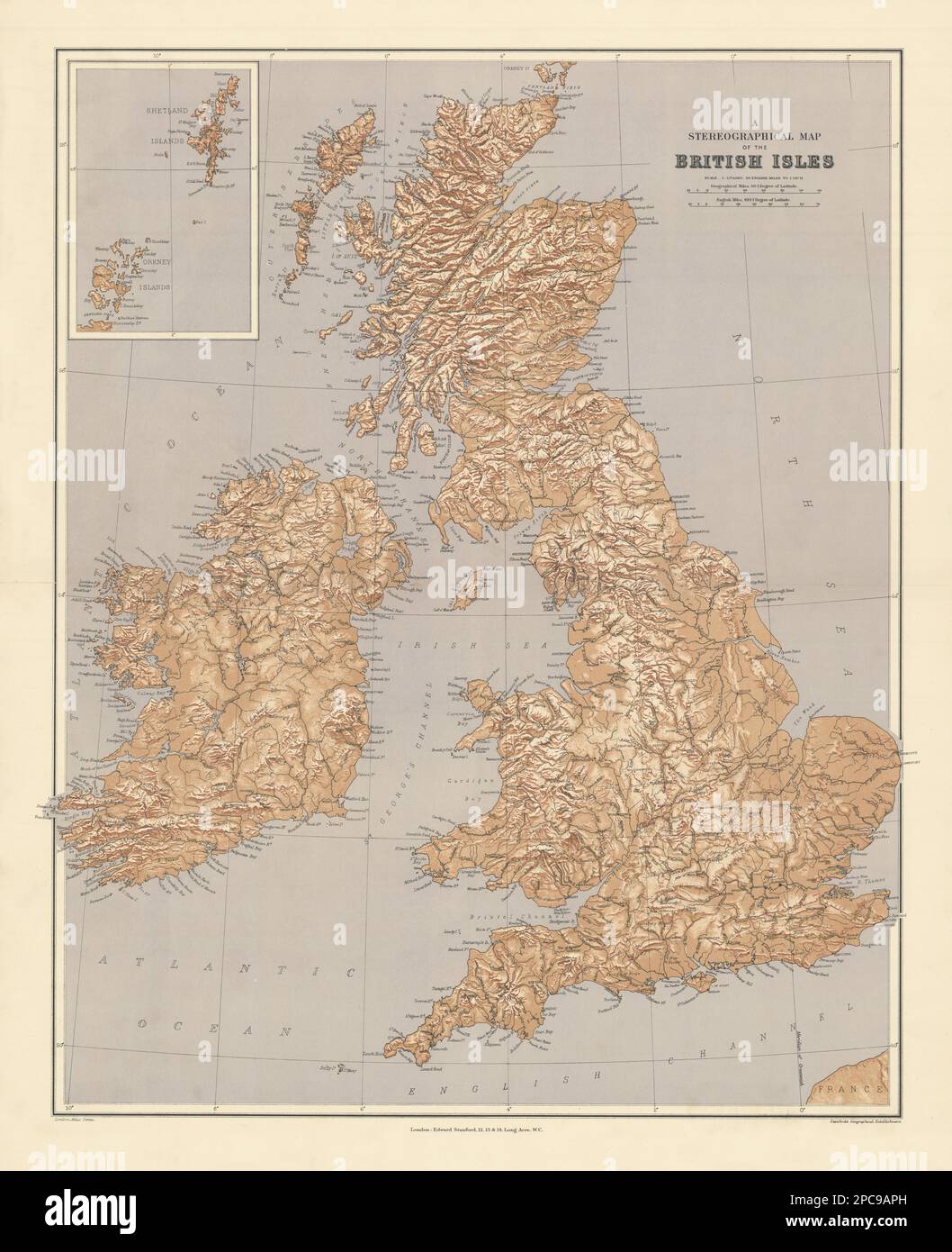 British Isles Stereographical. Mountains rivers. Large 65x52cm STANFORD ...
