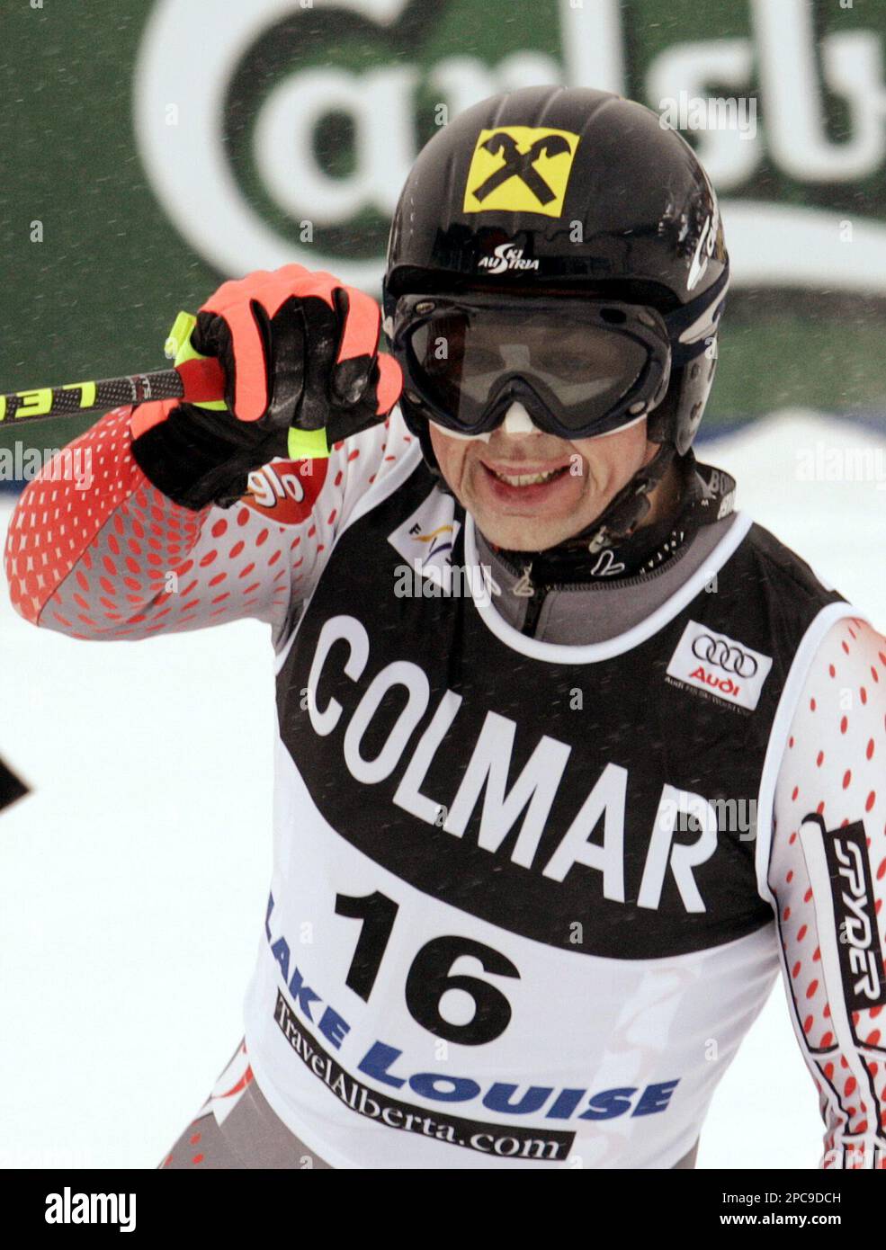 Austria's Mario Scheiber celebrates his second place finish in the men ...