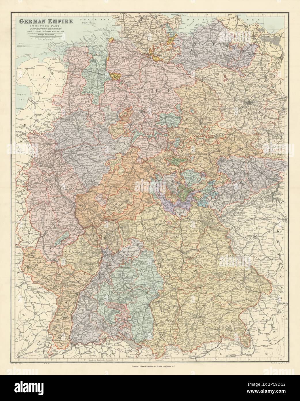 German Empire west. Germany w/ Alsace Lorraine. 65x52cm. STANFORD 1904 ...