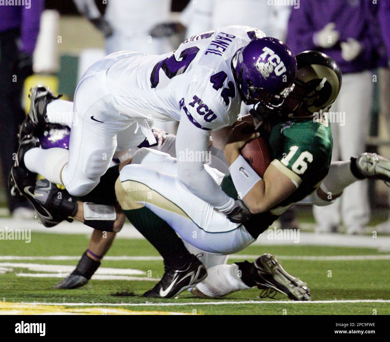 TCU linebacker Matt Panfil (42) tackles Colorado State quarterback ...