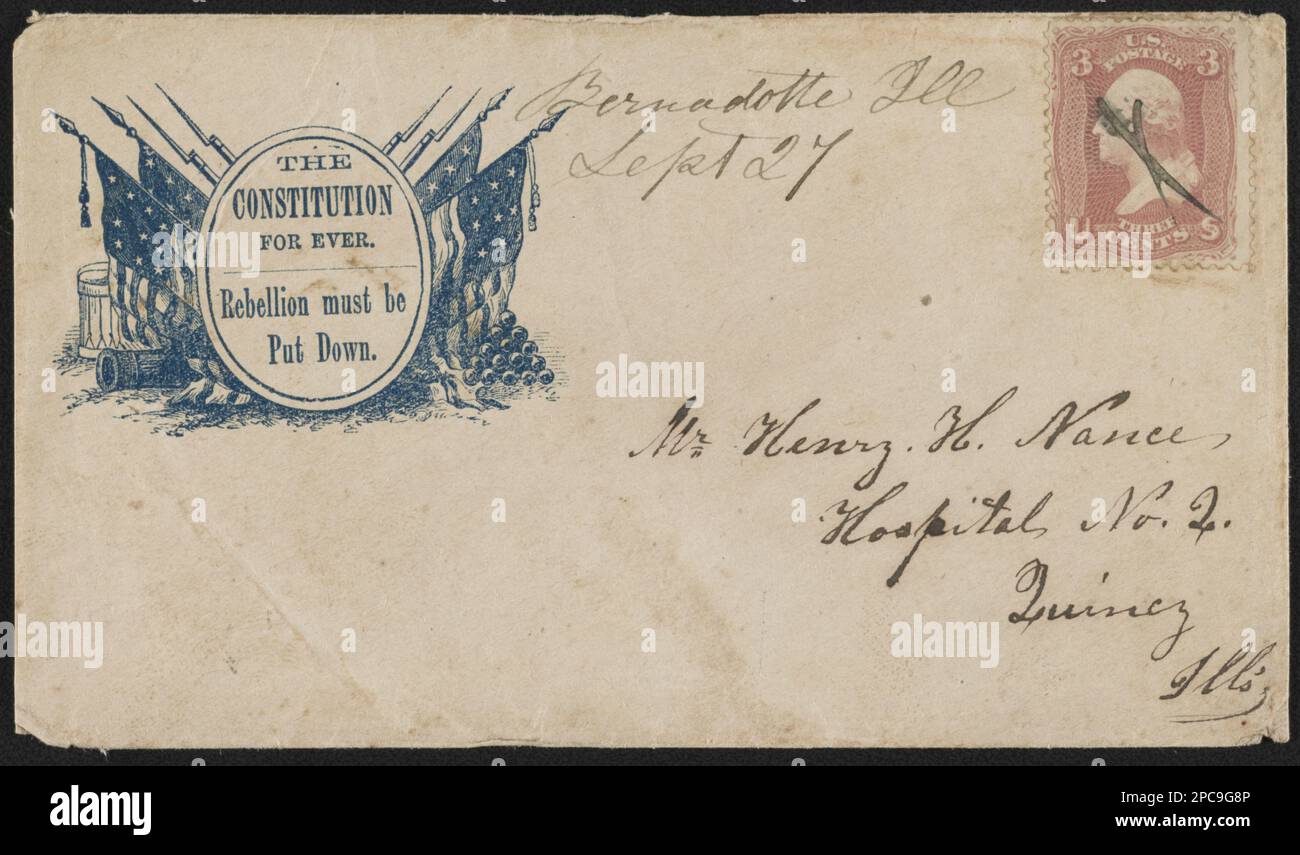 Civil War envelope showing American flags, cannon, and drum with ...