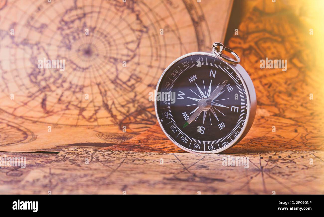 Looking for adventure. Compass and maps. Treasure map and path to the ...