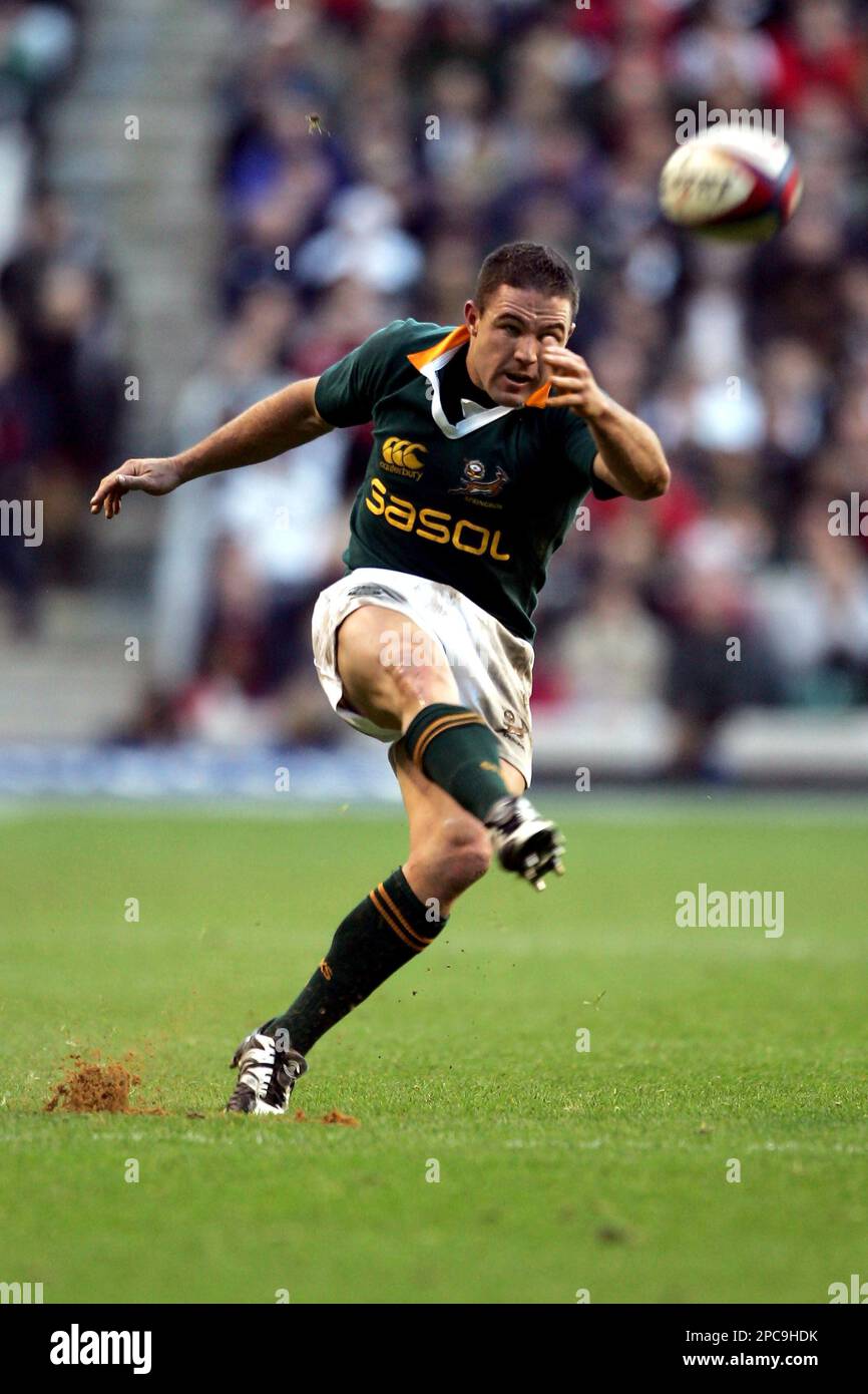 South Africa's Andre Pretorius kicks a penalty during their rugby union ...