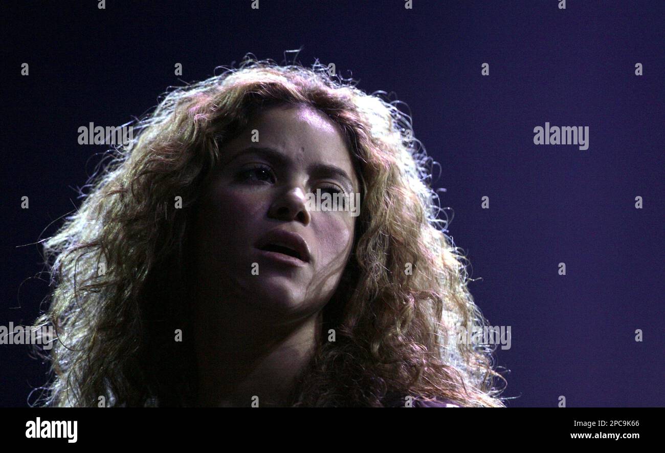 Colombian singer Shakira performs during her 'Oral Fixation' tour ...