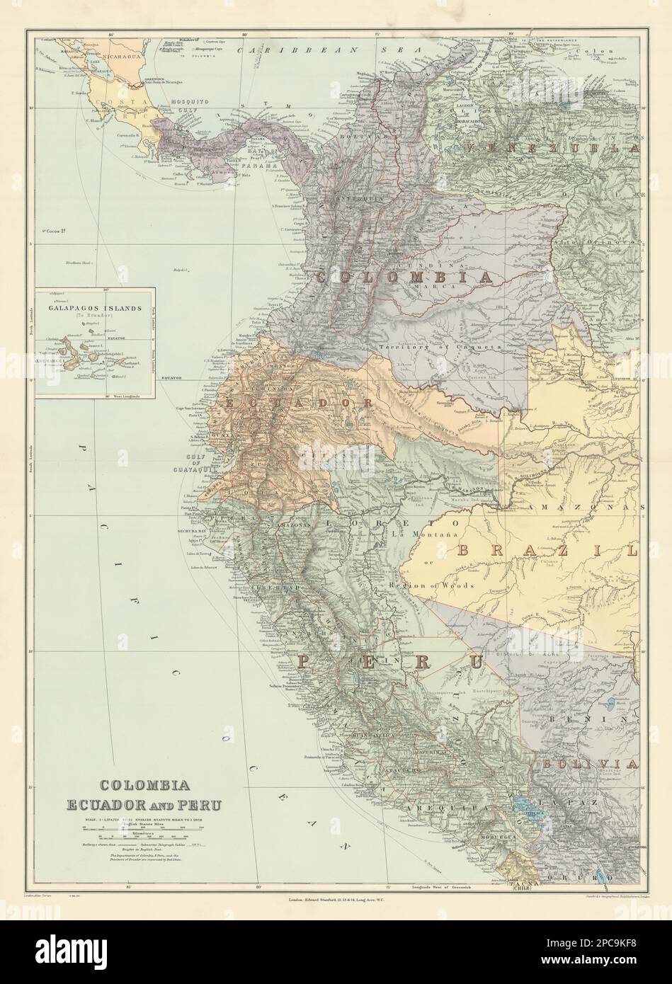 Colombia, Ecuador & Peru. Andean States. Panama canal. 71x52cm STANFORD ...