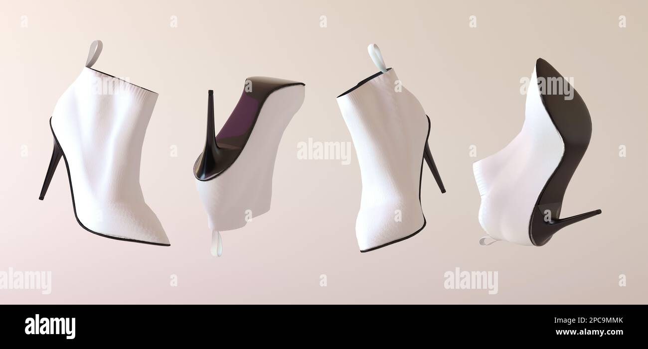 Flying fashionable white women's ankle boots with high heels isolated ...