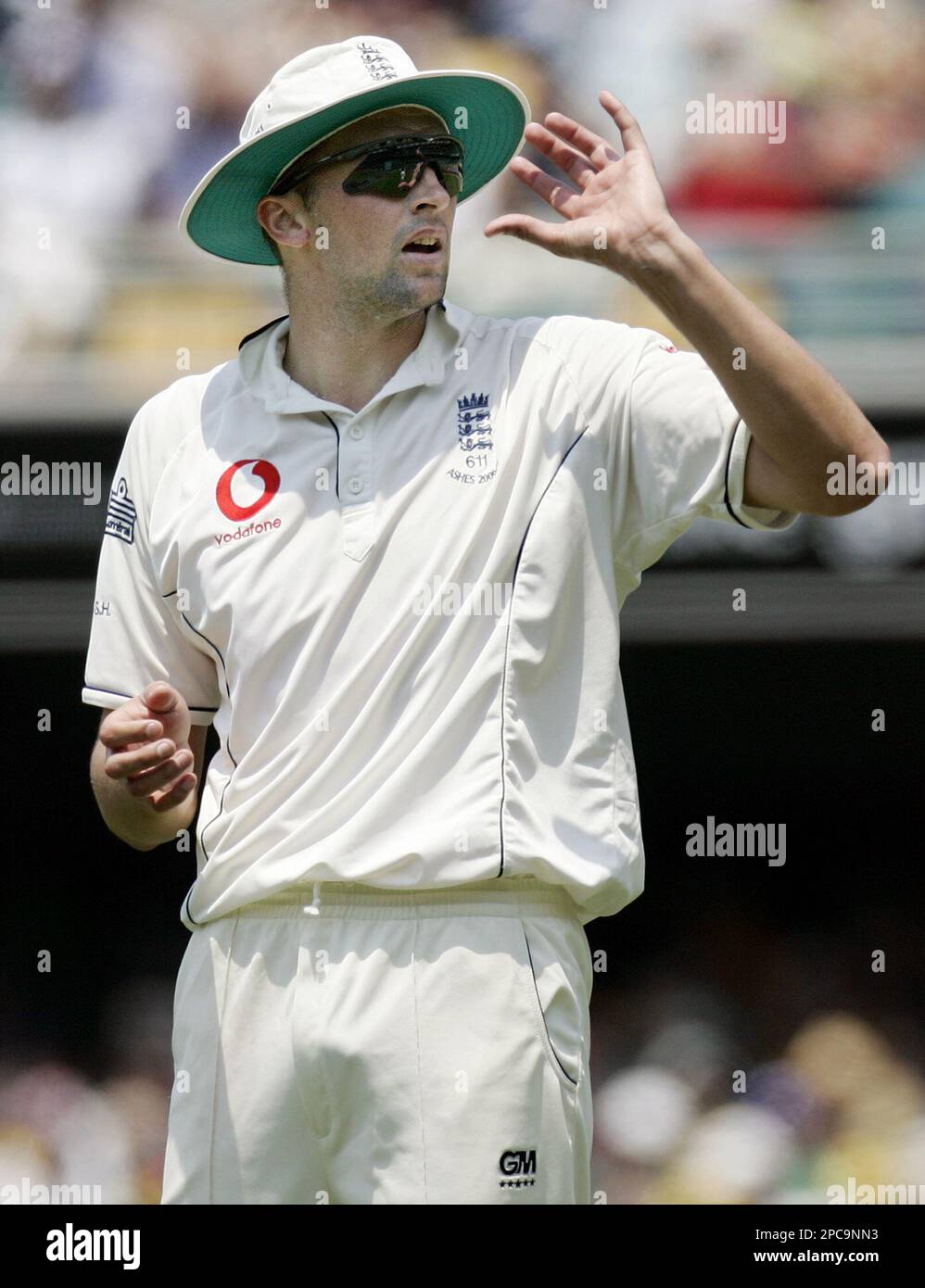 England bowler Steve Harmison gestures to his dressing room during play ...