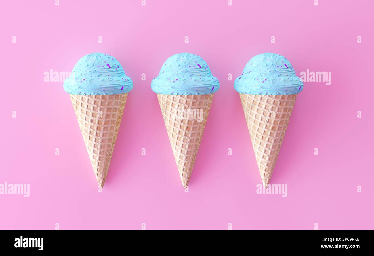 Ice cream in a waffle cone with a taste of blue sky or bubble gum. Top ...