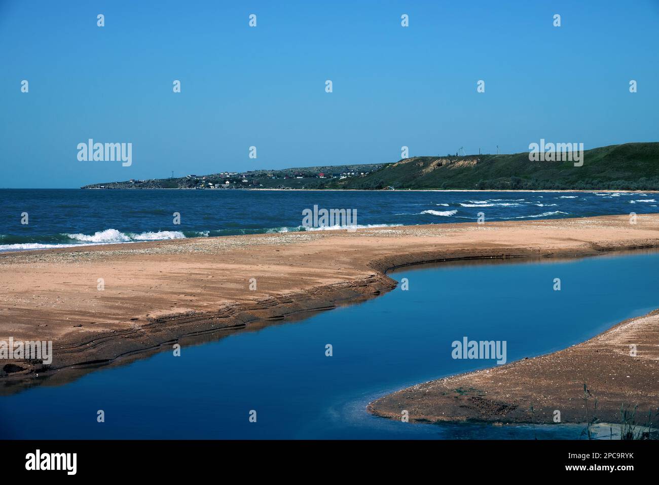 Potamology. Mouth of small drowned river. Riverbed always bends along ...