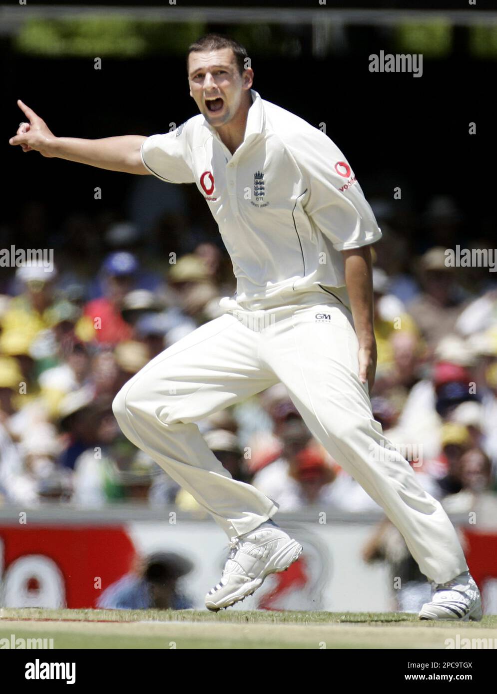 England fast bowler Steve Harmison looks to appeal on the opening ...