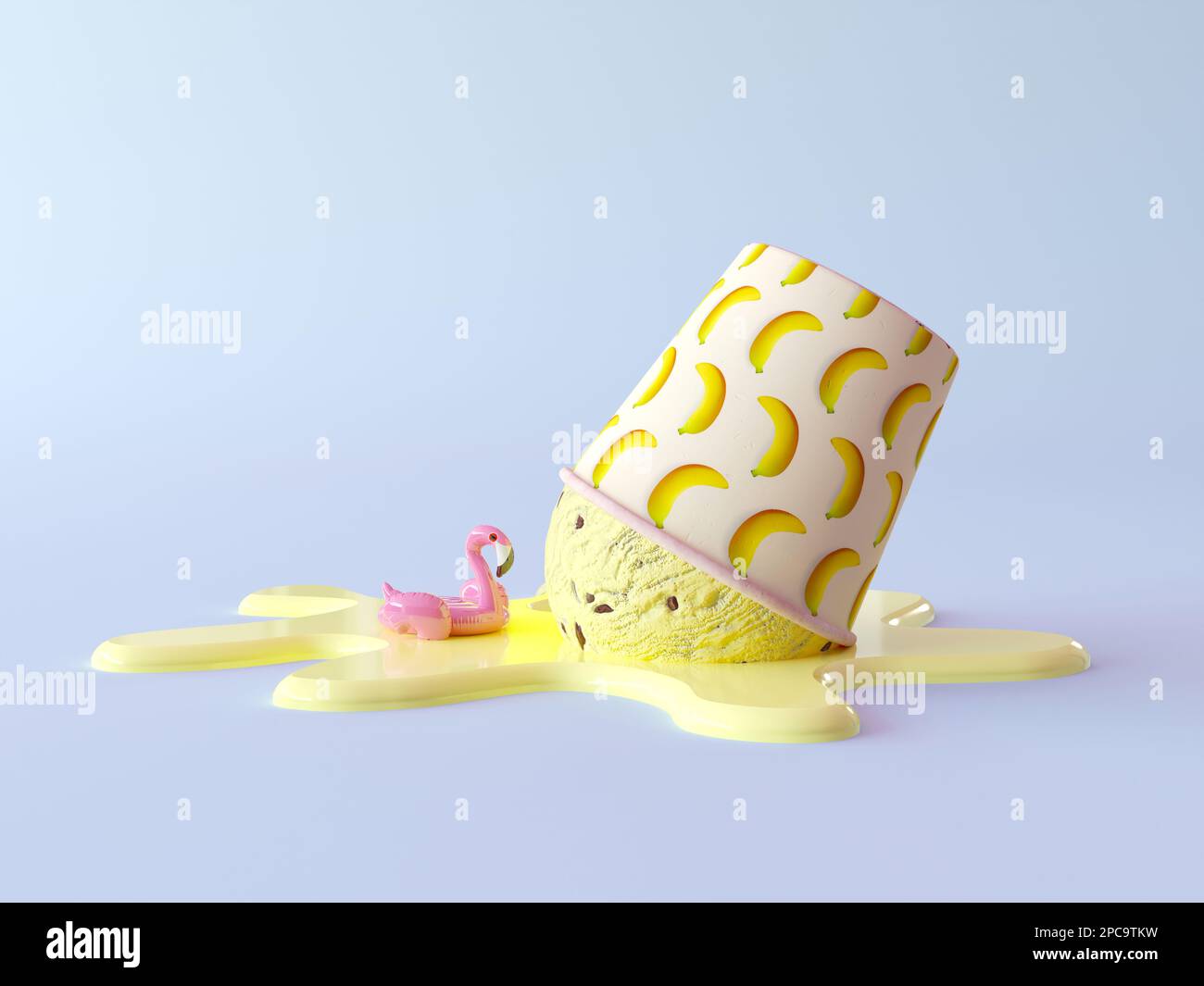 Banana melting ice cream in a paper cup. Yellow ice cream melt ball ...