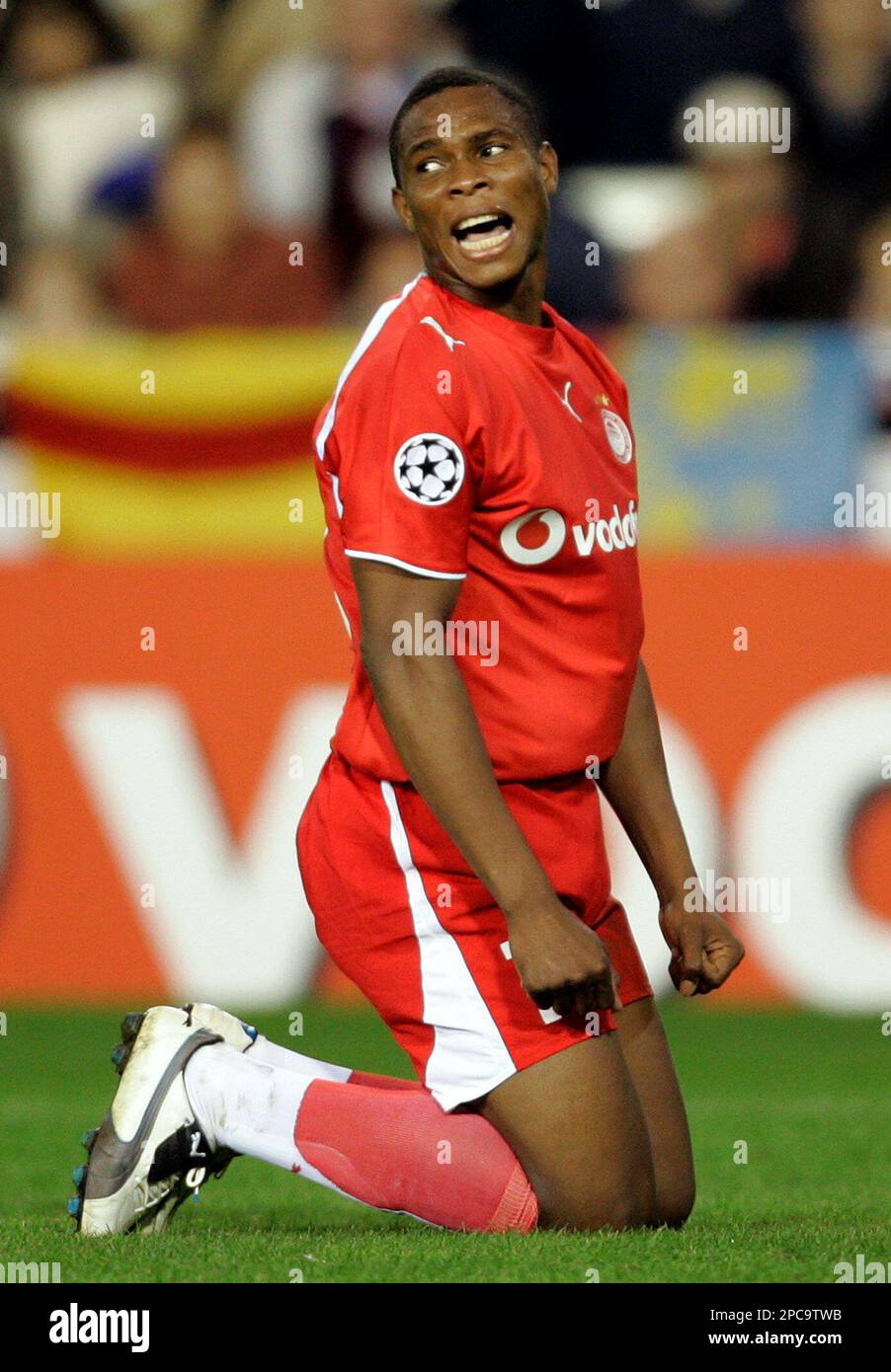 Olympiacos player Felix Borja reacts during their UEFA Champions League ...