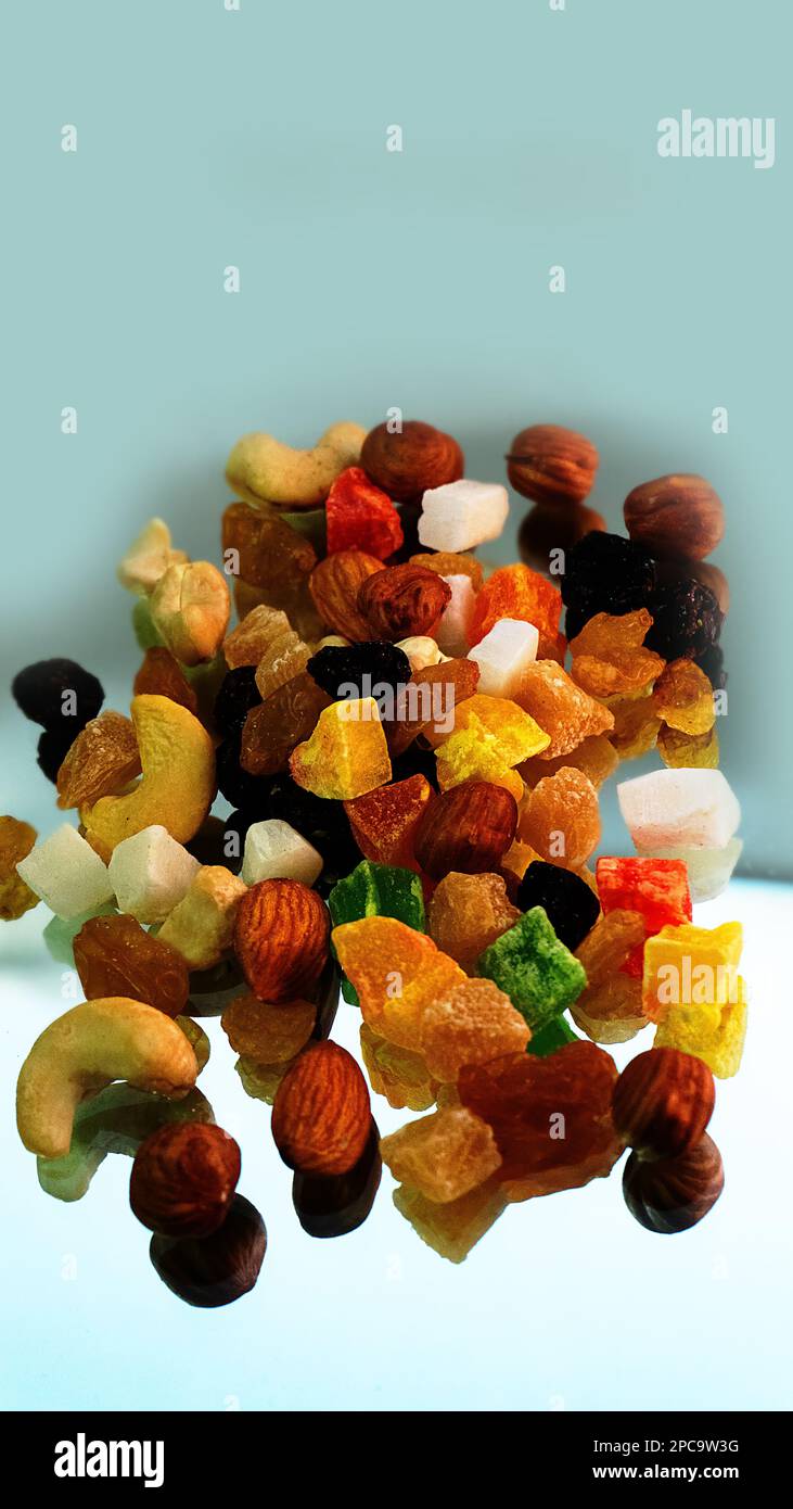 Tutti-frutti. Sweet mixture of nuts and dried fruits. Isolated and semi ...