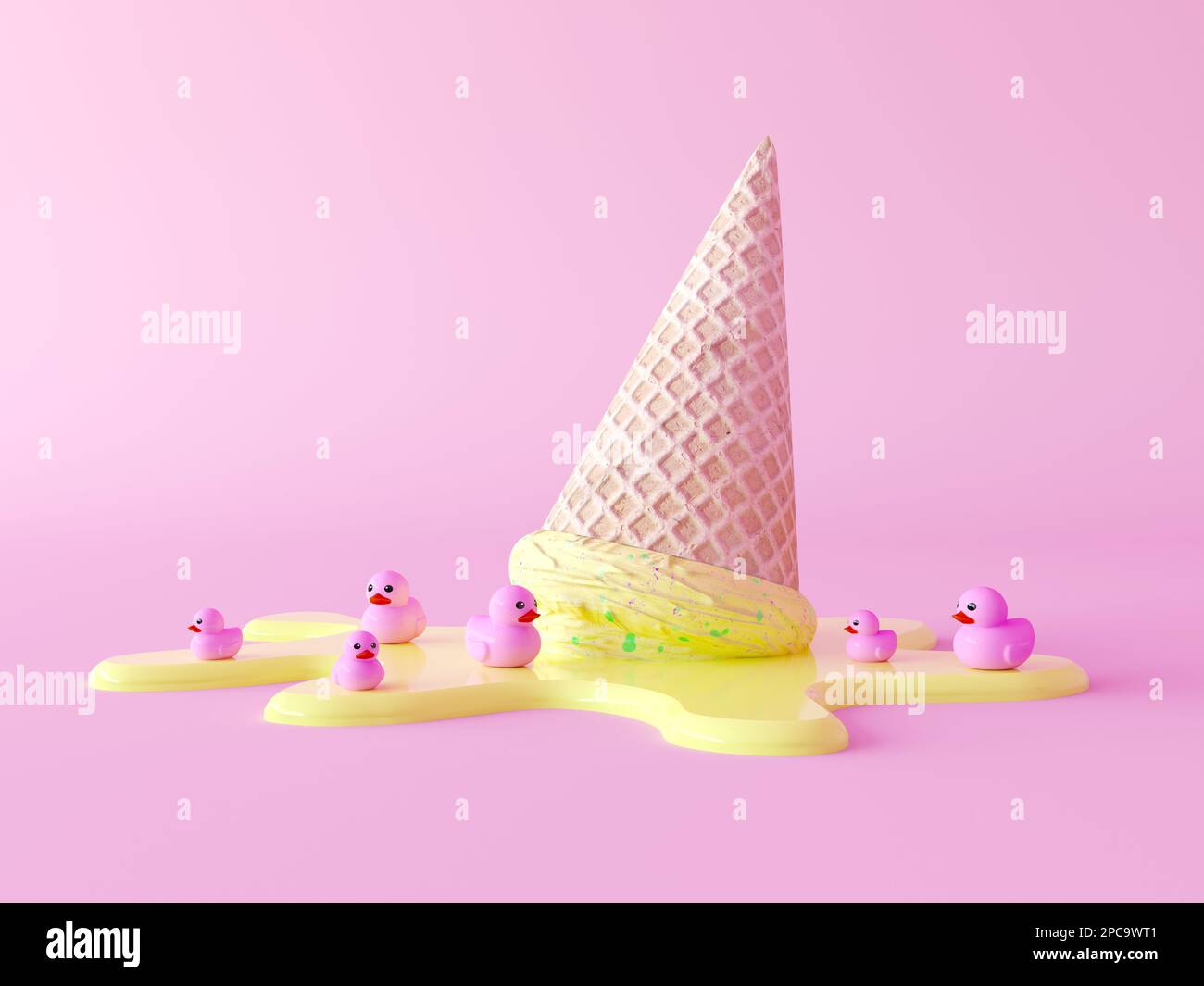 Yellow melting ice cream with waffle cone isolated on pastel pink ...