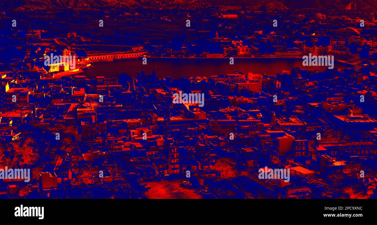 City view in blue-red colors. Asian block development. Top view Stock ...