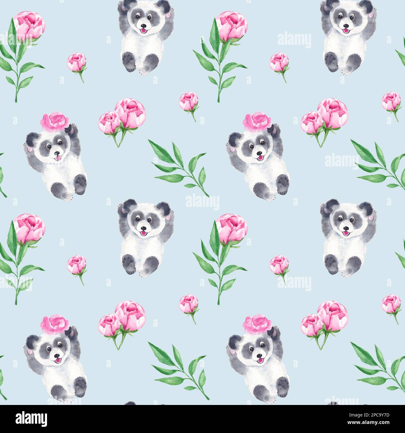 Seamless pattern with cute panda and peony flowers. Watercolor hand ...