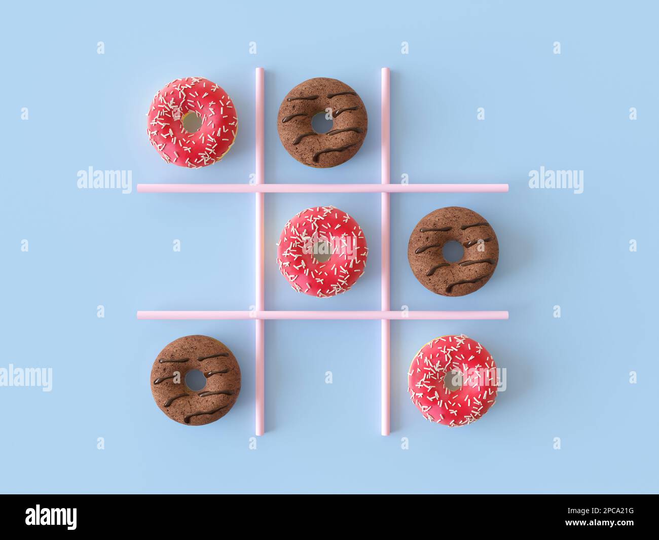 Playing in tik tak toe game with chocolate and pink strawberry donuts ...