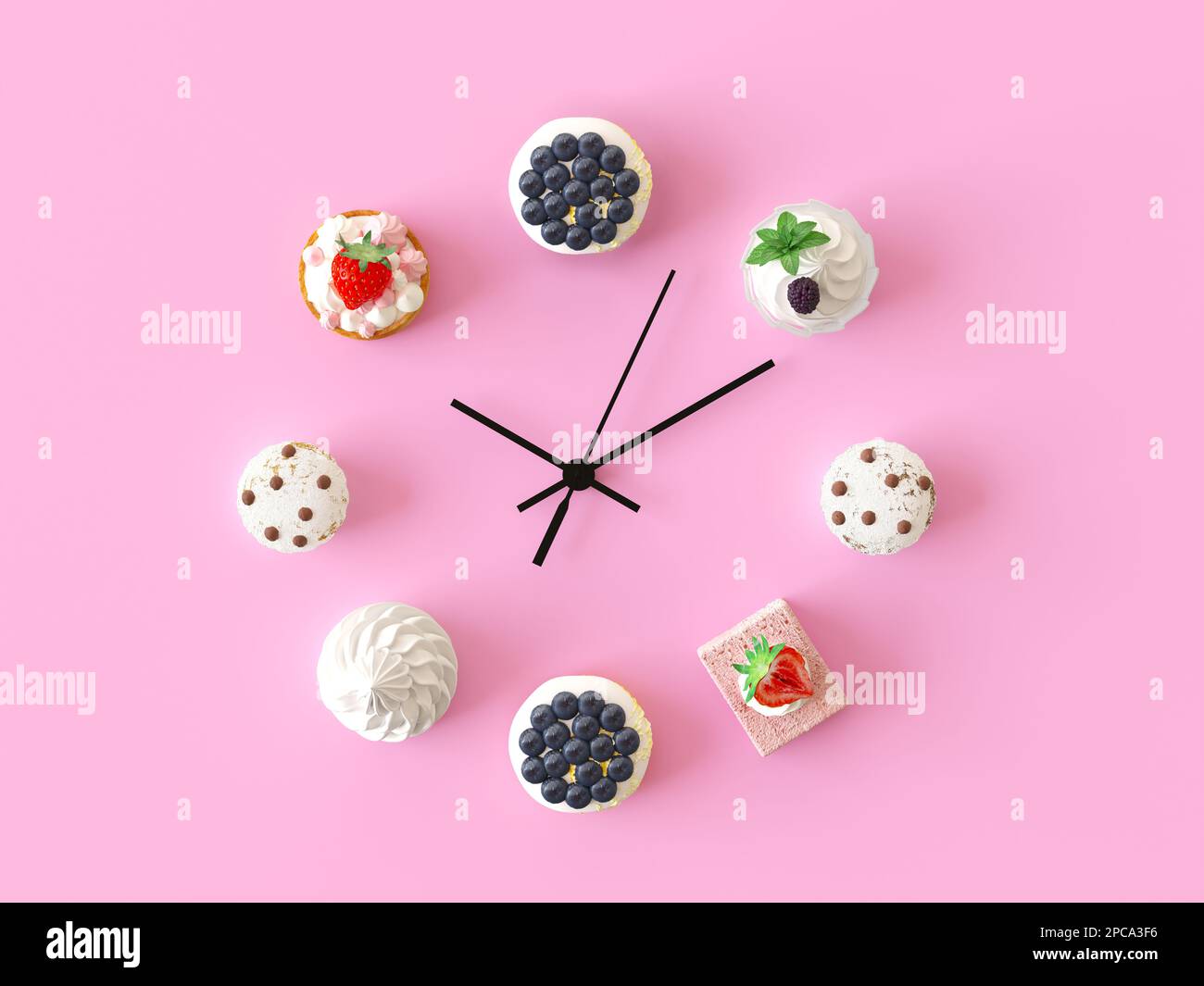 Creative concept time to eat dessert. Small cakes with meringues in ...