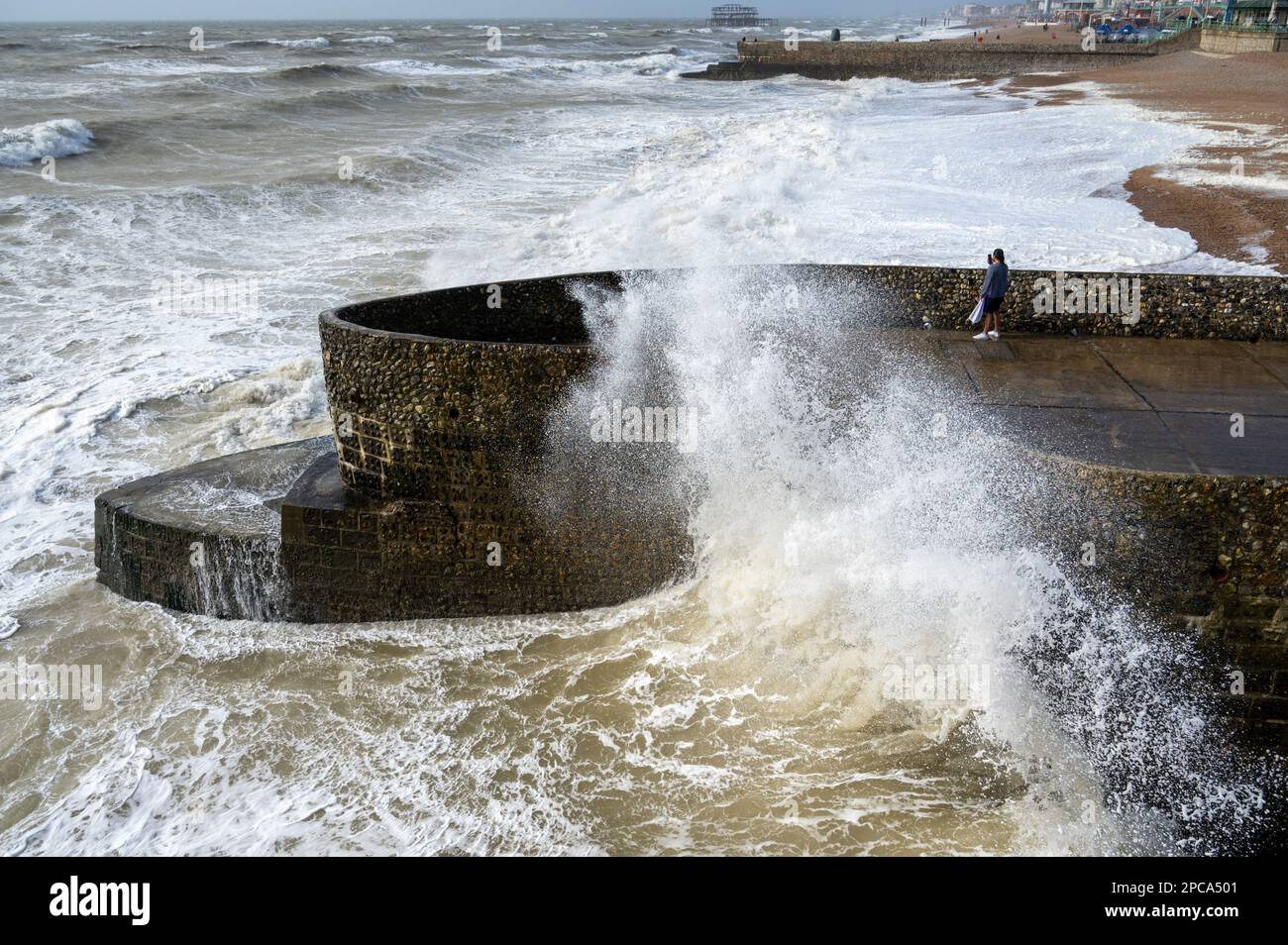 Brighton, UK. 13th Mar, 2023. High winds cause huge waves to crash on ...