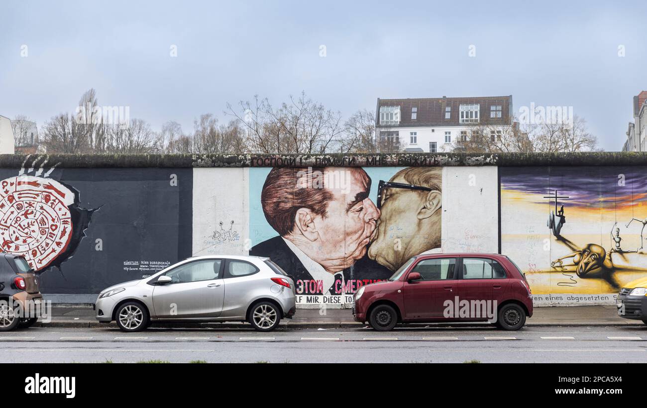Brezhnev and Gorbatsov kissing on a picture on Berlin wall Stock Photo ...