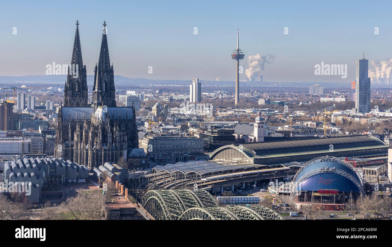Skyscraper buildings rising above Cologne urban skyline on a bright ...
