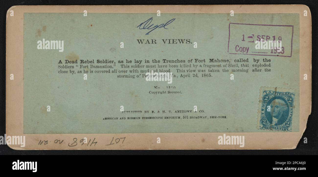 A dead rebel soldier, as he lay in the trenches of Fort Mahone, called ...