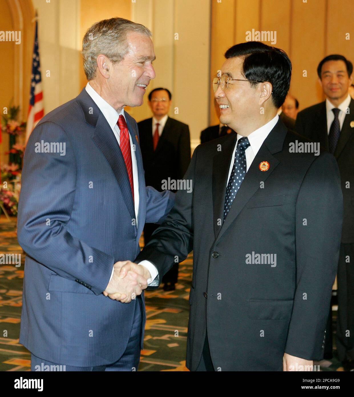 U.S. President George W. Bush and Chinese President Hu Jintao meet on ...