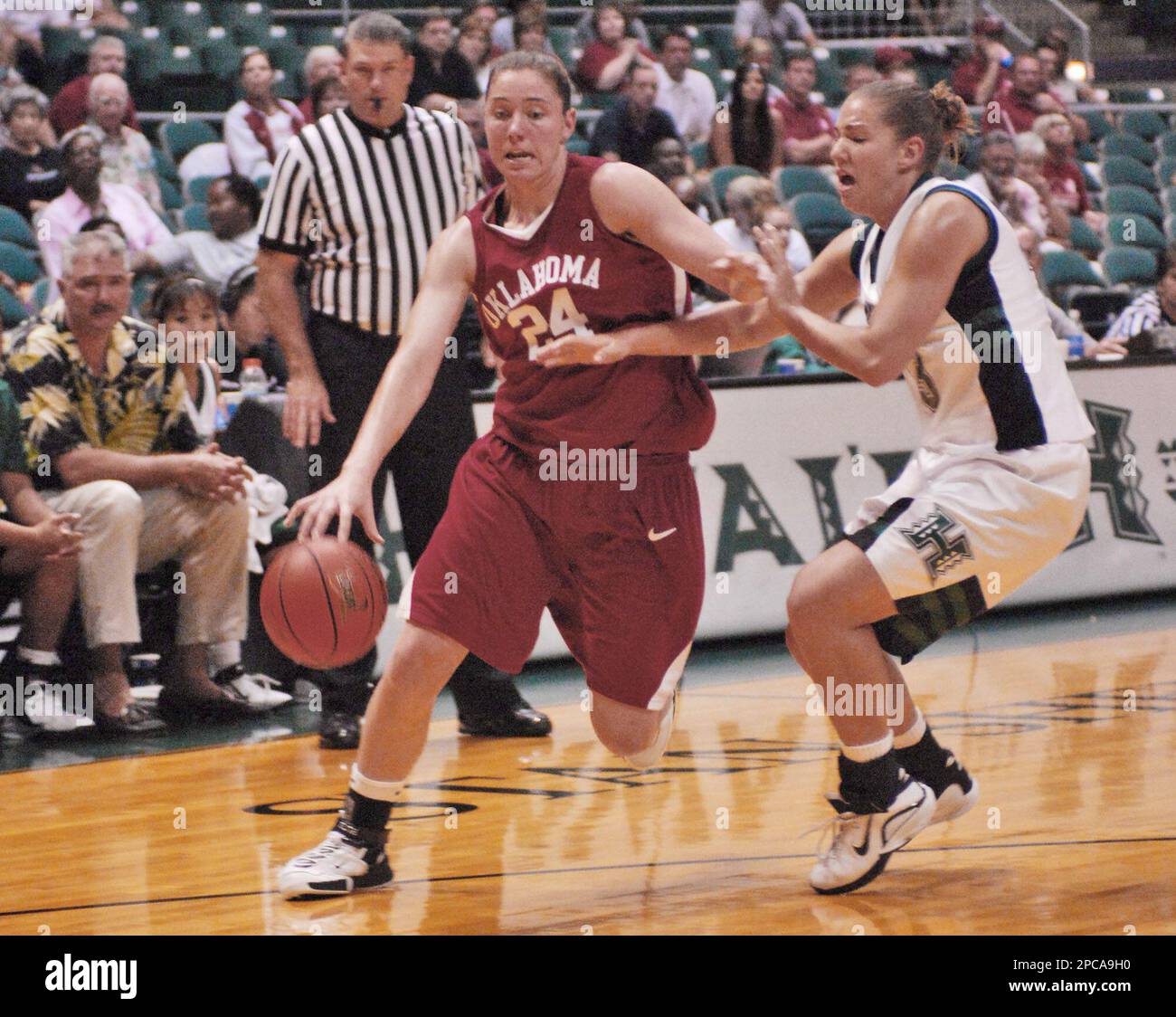 Oklahoma's Leah Rush (24) drives past Hawaii's Pam Tambini during the ...