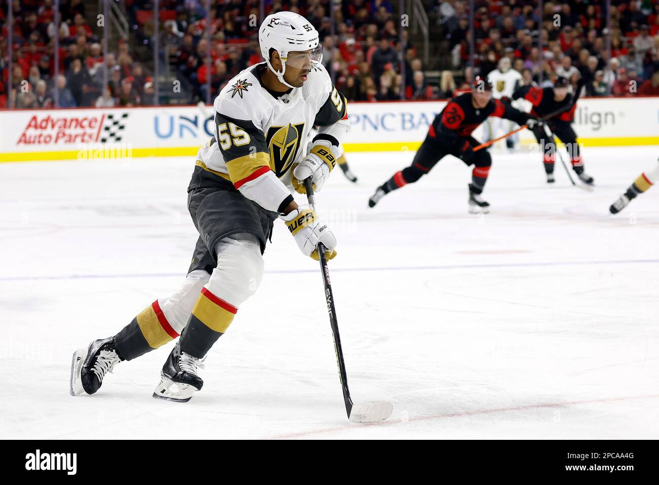 Vegas Golden Knights' Keegan Kolesar (55) controls the puck against the ...
